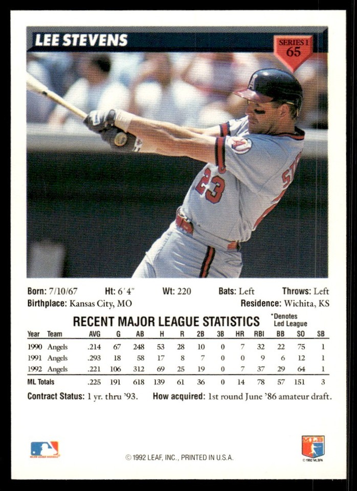 1993 Donruss Baseball Card Lee Stevens California Angels #65 | eBay