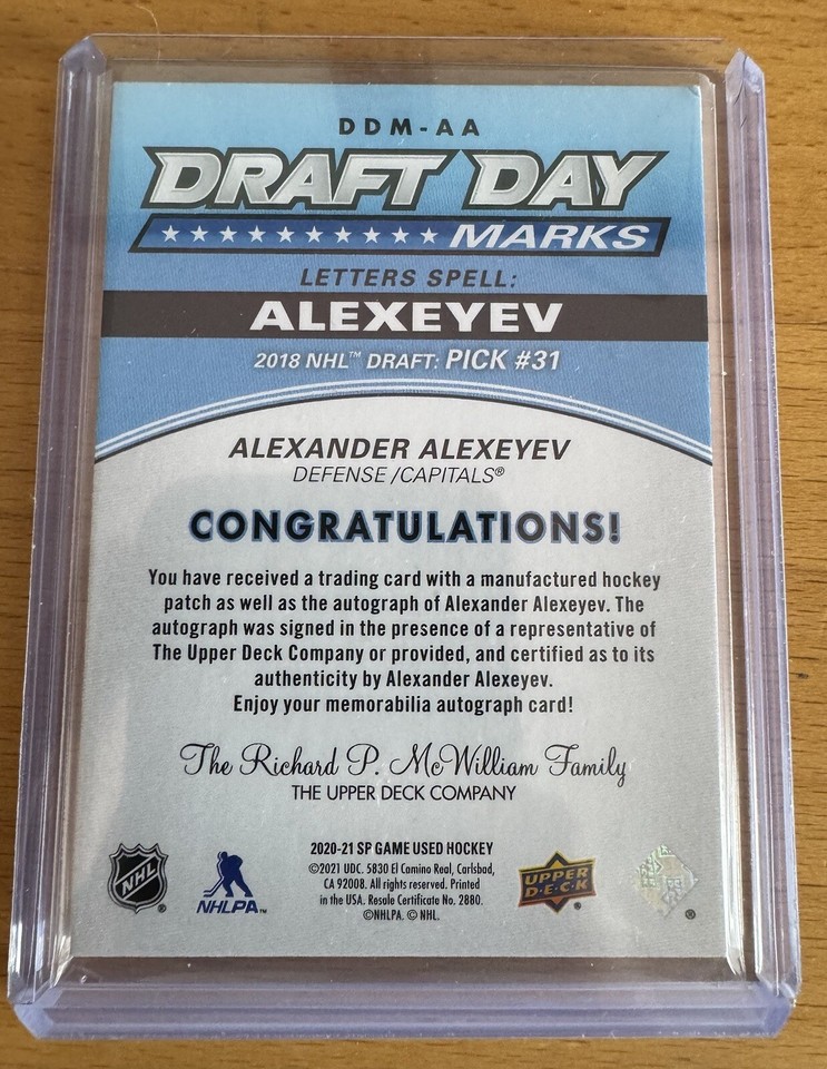 Alexander Alexeyev 2021 Upper Deck SP Game Used Draft Day Marks Rookie ...
