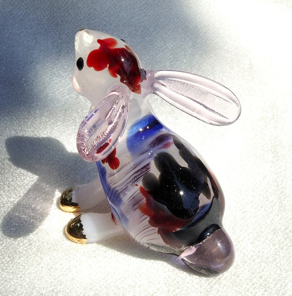 White Blue Maroon Rabbit Bunny figurine hand blown glass figure 3 ...