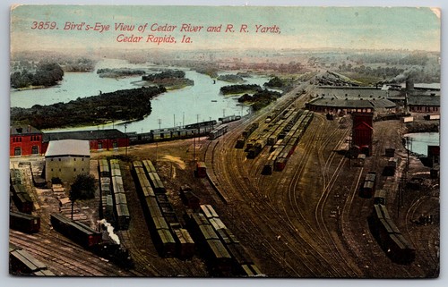 Cedar Rapids Iowa~Cedar River & Railroad Yards Birdseye View~Trains ...
