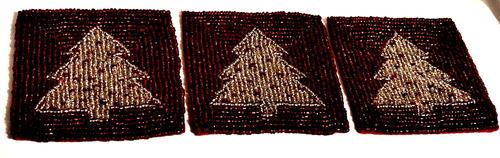 Set of 3 Coasters 4" Glass Seed Bead VTG Red w White Xmas Tree Cloth ...