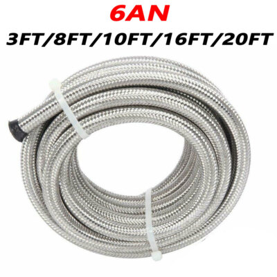 6AN 3/8" Fuel line Hose Braided Stainless Steel Oil Gas CPE Silver 10FT ...