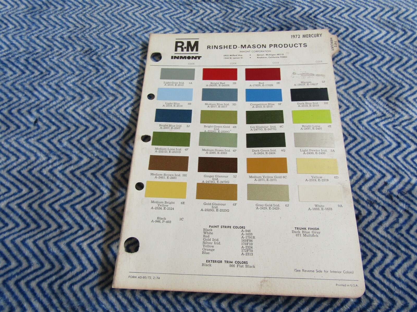 1972 MERCURY COMET COUGAR MARQUIS BOBCAT MONTEREY COLOR CHIPS CHART ...
