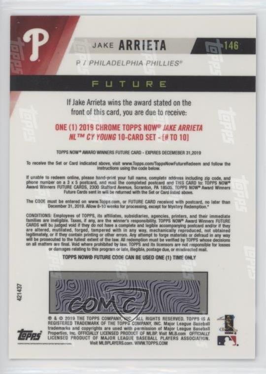 2019 Topps Now Future Pack: 2019 MLB Award Winners Jake Arrieta (To 10 ...