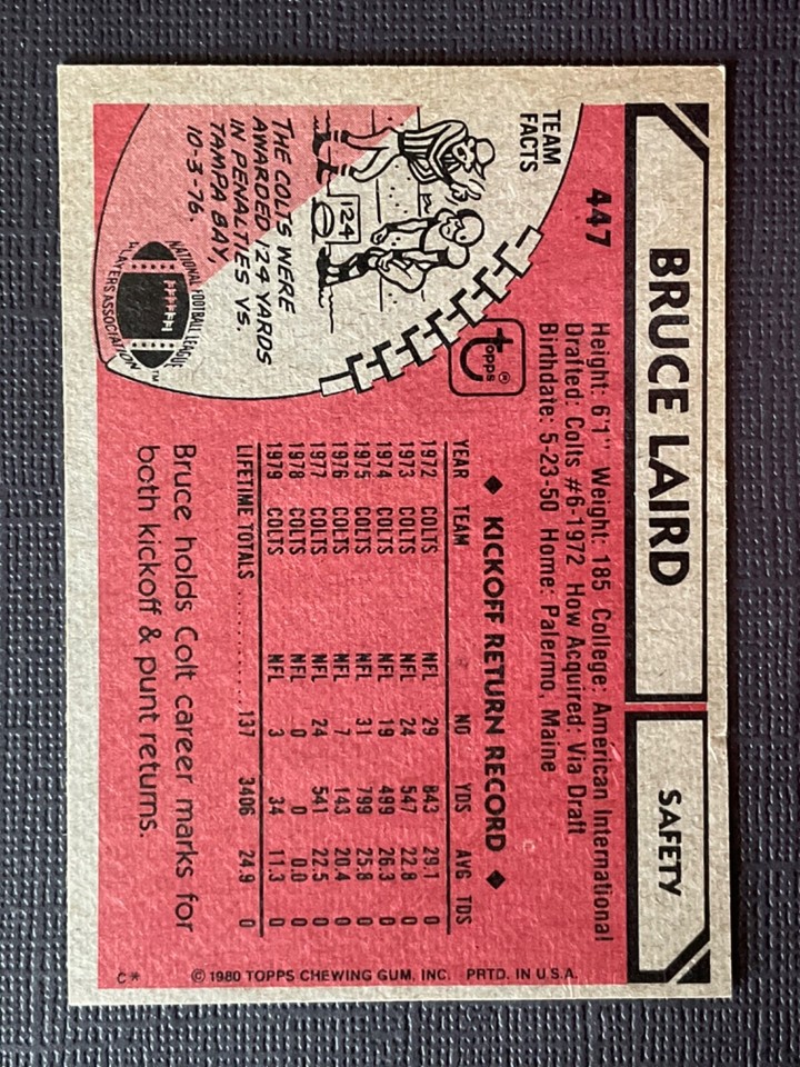 Bruce Laird 1980 Topps Football Card #447 - Baltimore Colts Safety | eBay