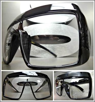 EXAGGERATED OVERSIZE SHIELD INSANE Clear Lens EYE GLASSES XL Black ...
