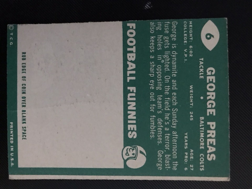 1960 Topps Football # 6 George Preas RC Baltimore Colts | eBay