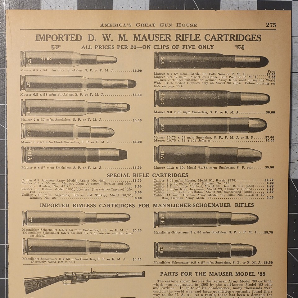 1939 MAUSER RIFLE CARTRIDGES/BULLETS Gun/-Full Page 8"x10" MagazineAd ...