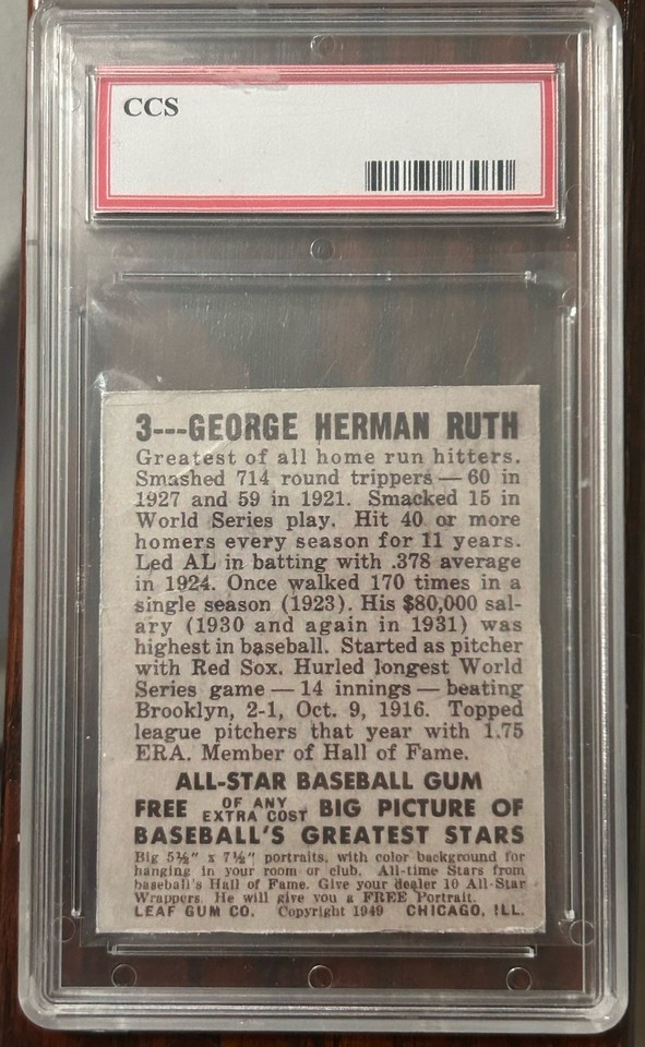 1949 Leaf Babe Ruth Card CCS PR 3 George Herman Ruth Invest! | eBay