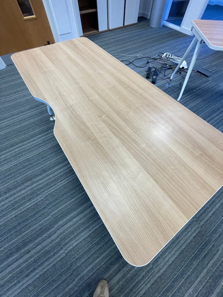 Stylish/modern office computer desks oak surface white metal legs ...