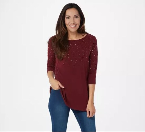 Quacker Factory Size 2X Wine 3/4-Sleeve Trapeze Hem Top with ...