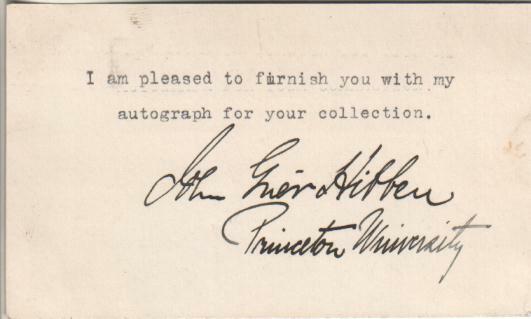 John Grier Hibben Autographed Card Prebyterian Minister Princeton ...