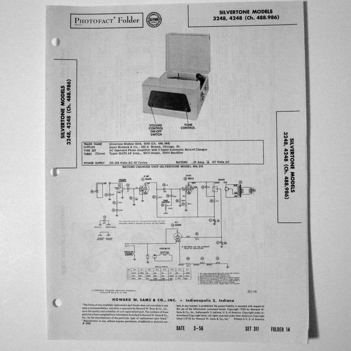 Silvertone Models 3248 4248 Record Changer - SAMS Photofact ™ 1956 ...