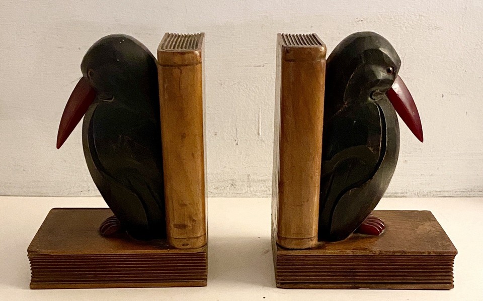 Pair of Art Deco Carved Bird Wooden Bookends in the style of Henry ...