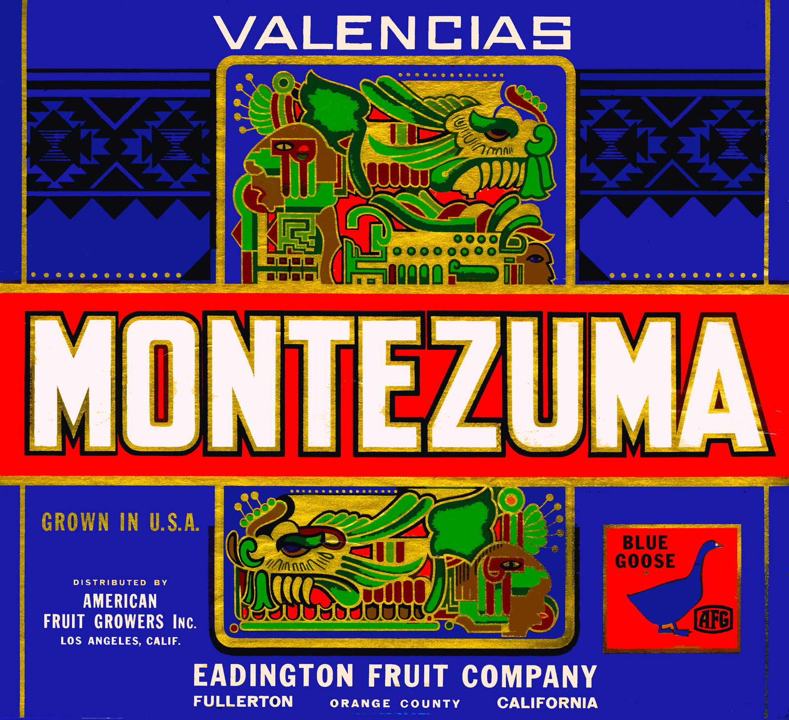 Fullerton Montezuma Blue Goose Orange Citrus Fruit Crate Label Art ...
