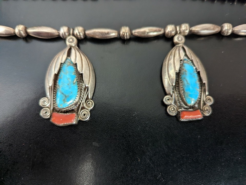Sadie Calvin Navajo Necklace - 18" silver chain with turquoise and red ...