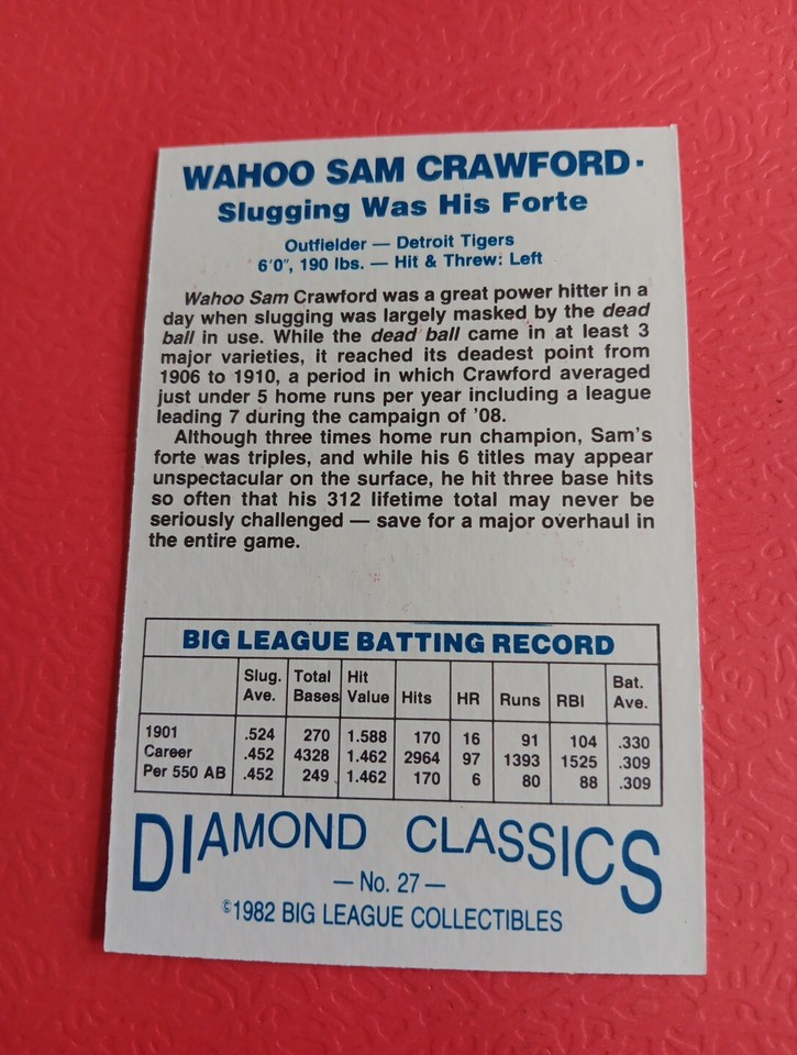 1982 Diamond Classics Wahoo Sam Crawford #27 Big League Collectibles ...