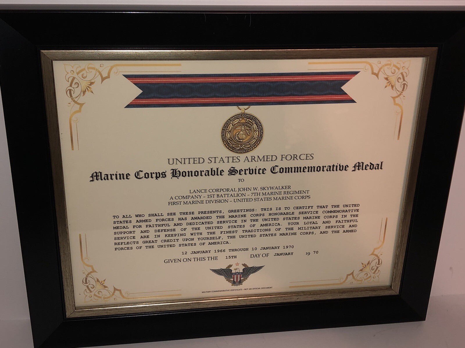 U.S. MARINE CORPS HONORABLE SERVICE COMMEMORATIVE MEDAL CERTIFICATE ...