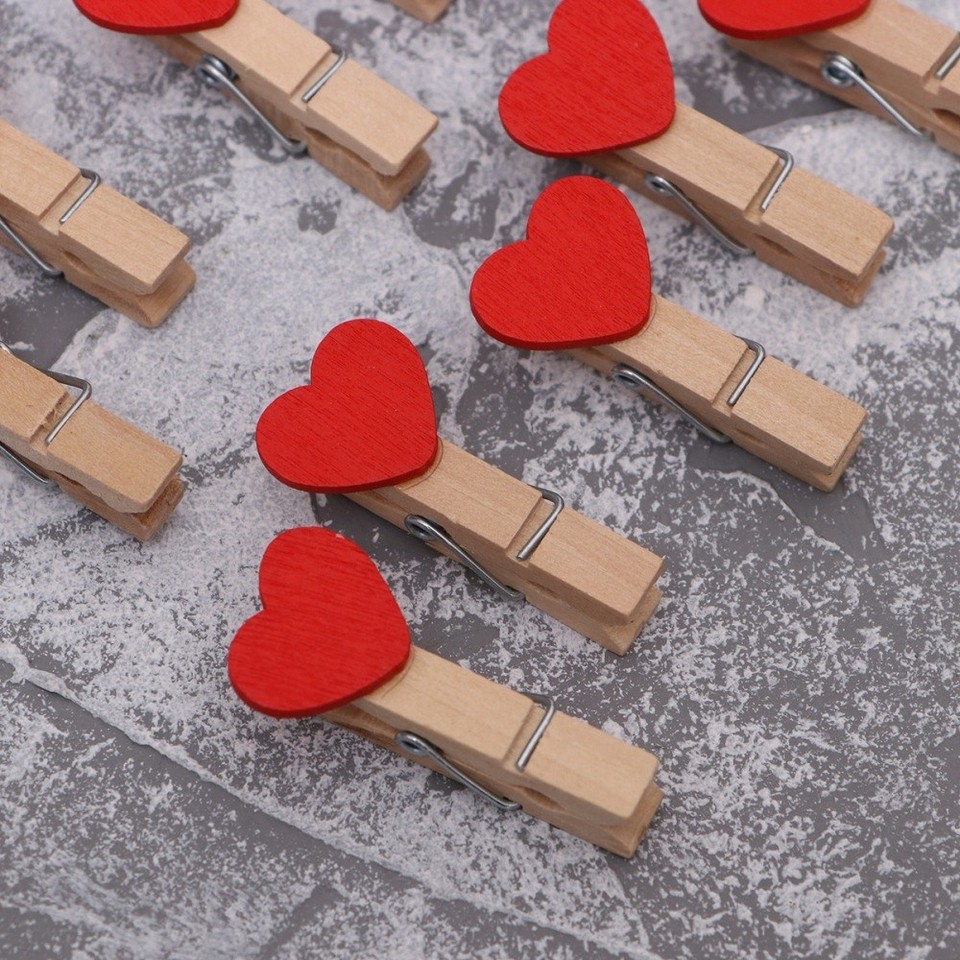 50PCS Wooden Heart Photo Paper Pegs Craft Clips Clothespins with Twine ...