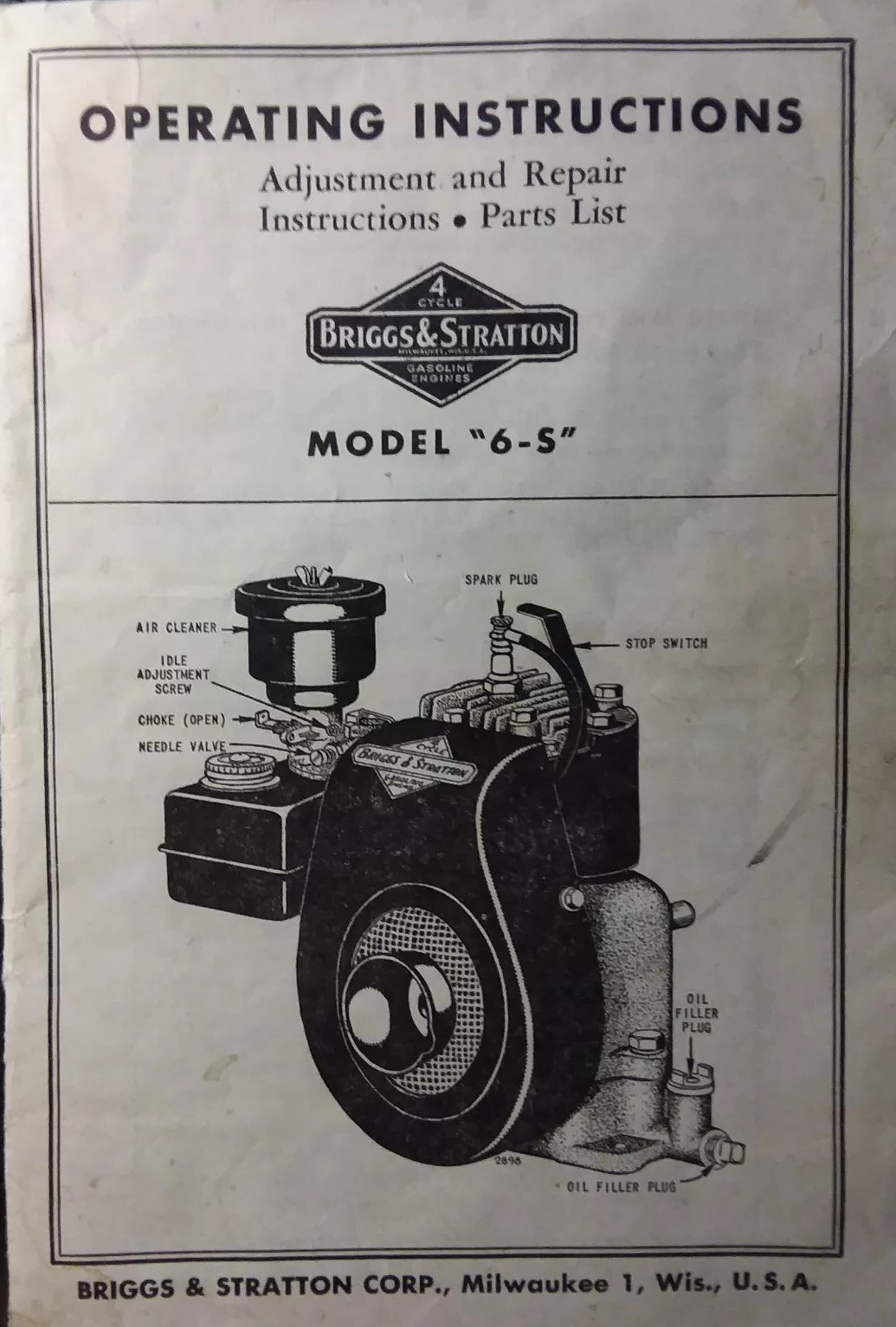 Briggs Stratton model "6S" Engine Motor Gas Owner & Parts Manual Lawn ...