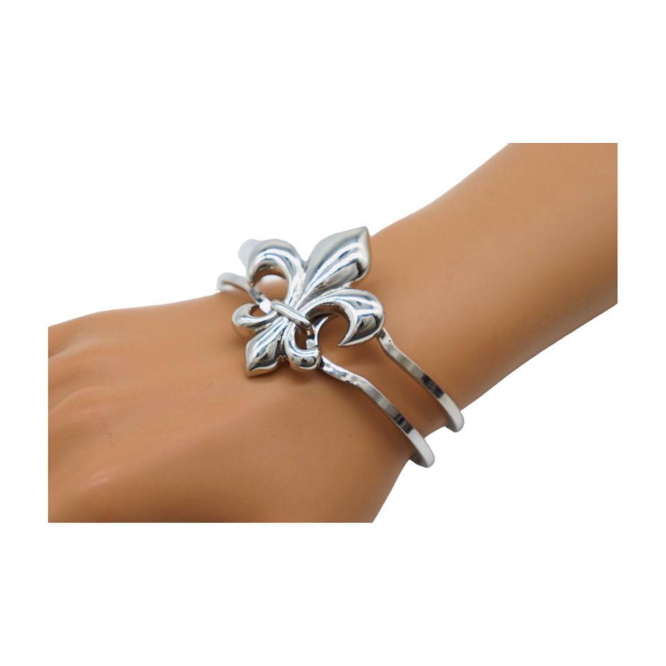 New Women Silver Metal Wrist Cuff Bracelet Fleur De Lis Charm Chic ...