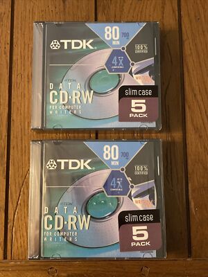 Lot of 2 TDK CD-RW 5-Pack Rewritable Data CDs 1x-4x 700MB 80 min Blank ...