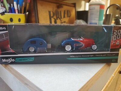MAISTO DESIGN 1932 FORD ROADSTER STREET ROD AND VINTAGE TRAVEL TRAILER ...