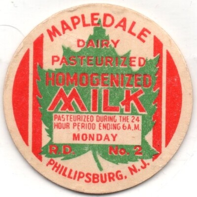 Milk Bottle Cap Insert - Mapledale Dairy - Phillipsburg, New Jersey ...