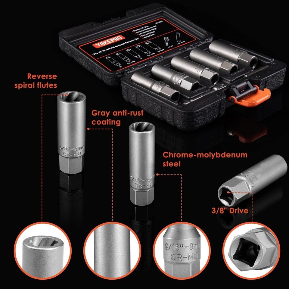 16pcs 3/8" Deep Well Bolt Extractor Set, Spark Plug Removal Extraction ...