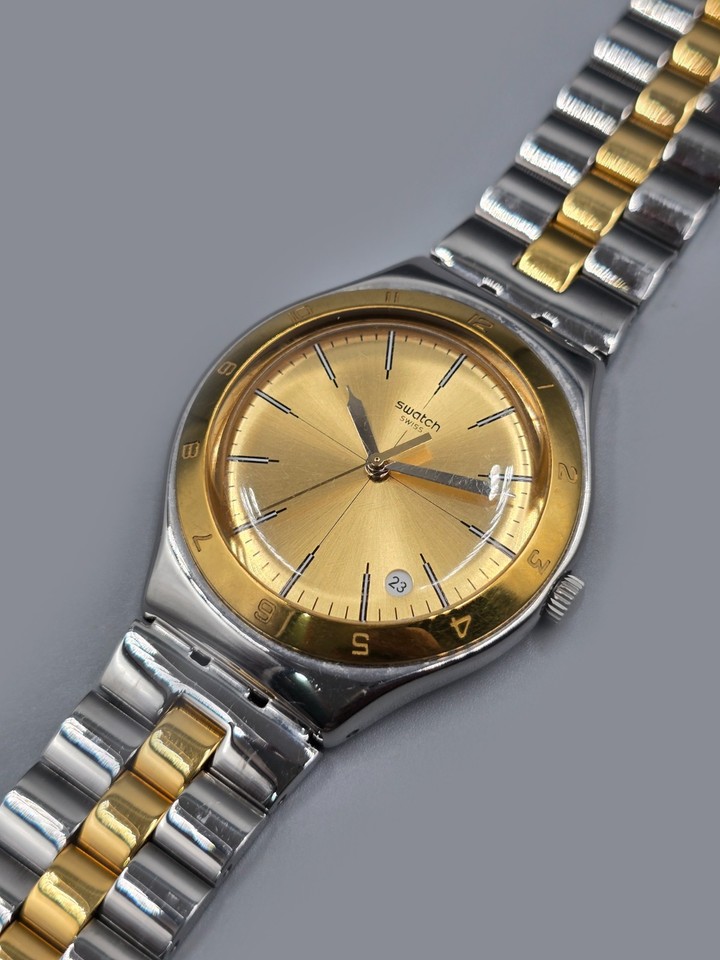 Swatch Irony Gold Bezel Two Tone Men’s Watch Swiss Quartz Stainless ...
