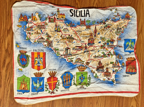 Vintage Souvenir Colorful MAP OF SCILIA COTTON Linen Tea Towel 22" x 28 ...