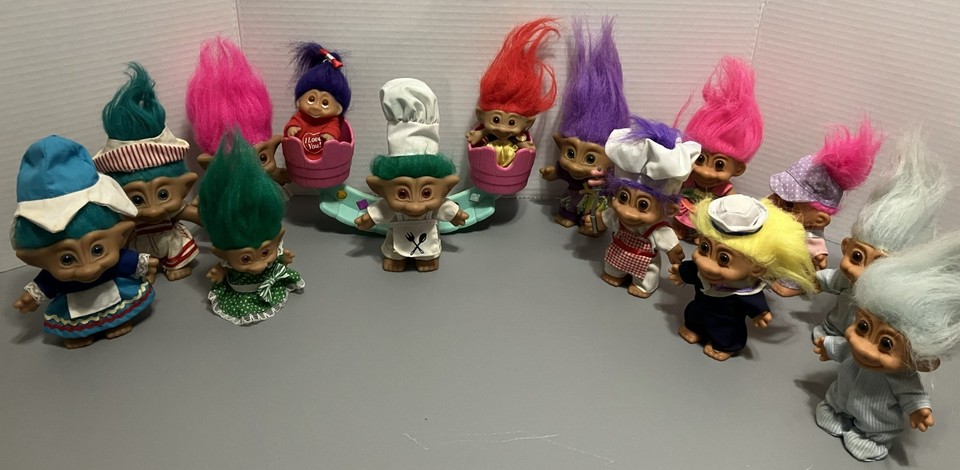 Lot of 14 vintage TROLL figures in cute outfits plus a teeter totter ...
