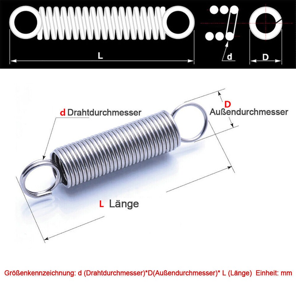 Zugfeder mit Öse,Zugfedern Feder Edelstahl A2 verschiedene Größen,d=0,3 ...