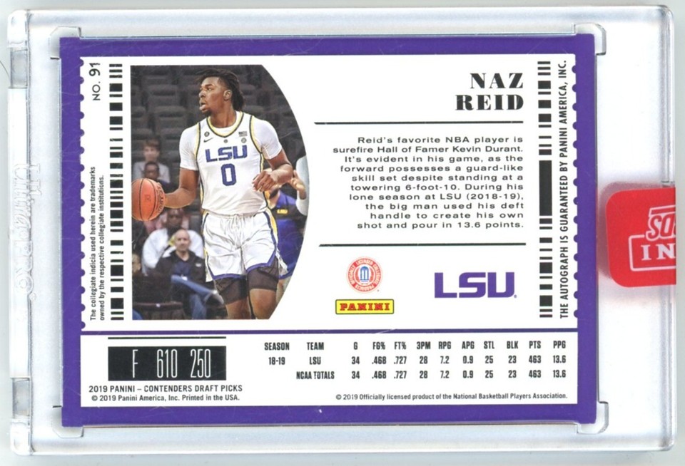 2019 NAZ REID PANINI CONTENDERS DRAFT PICKS DIAMOND TICKET AUTO RC 05/ ...