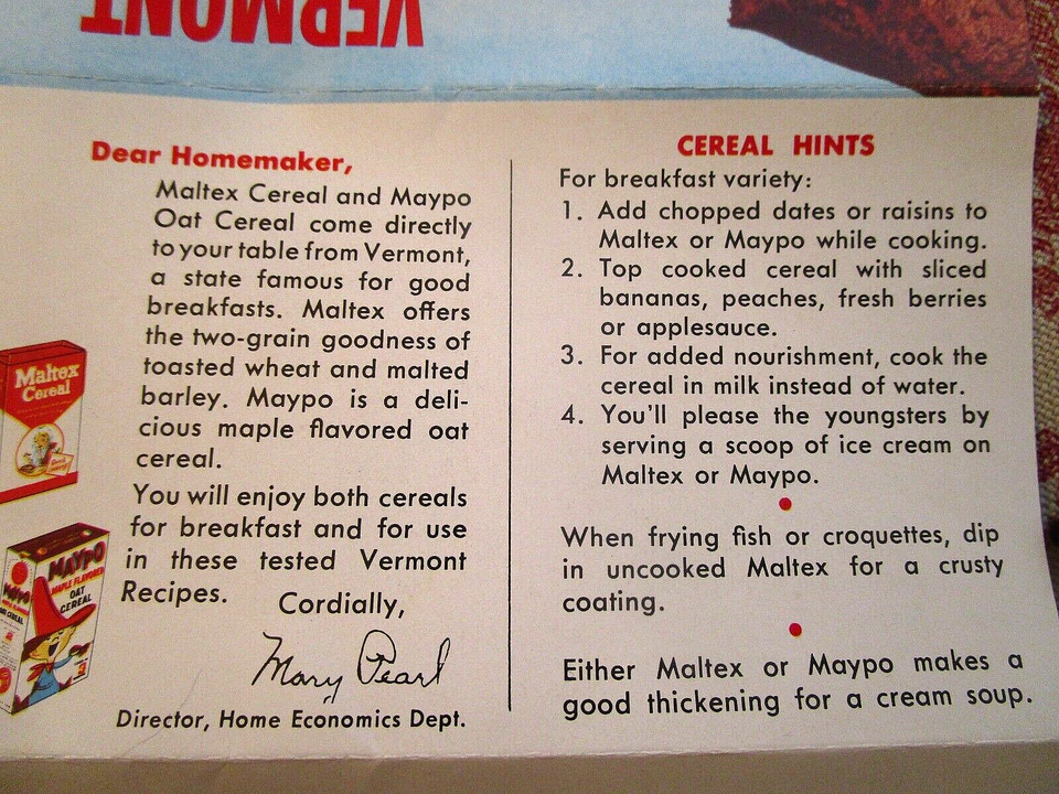 1950's VERMONT RECIPES FOLD-OUT INSERT: MALTEX CEREAL & MAYPO OAT ...