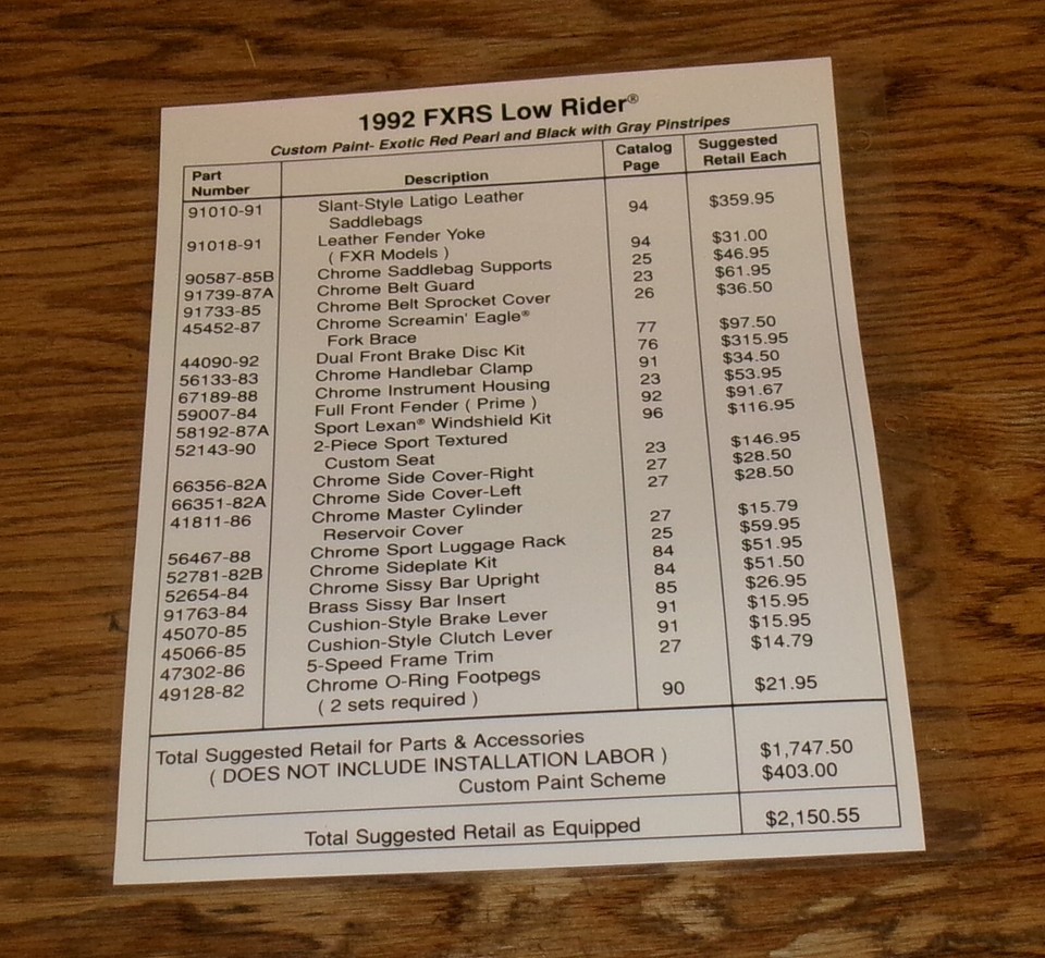 Original 1992 Harley Davidson FXRS Low Rider Sales Sheet Brochure 92 | eBay
