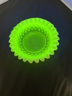Fenton? Uranium Glass Green Opalescent Hobnail Ruffled Pinched Candy ...