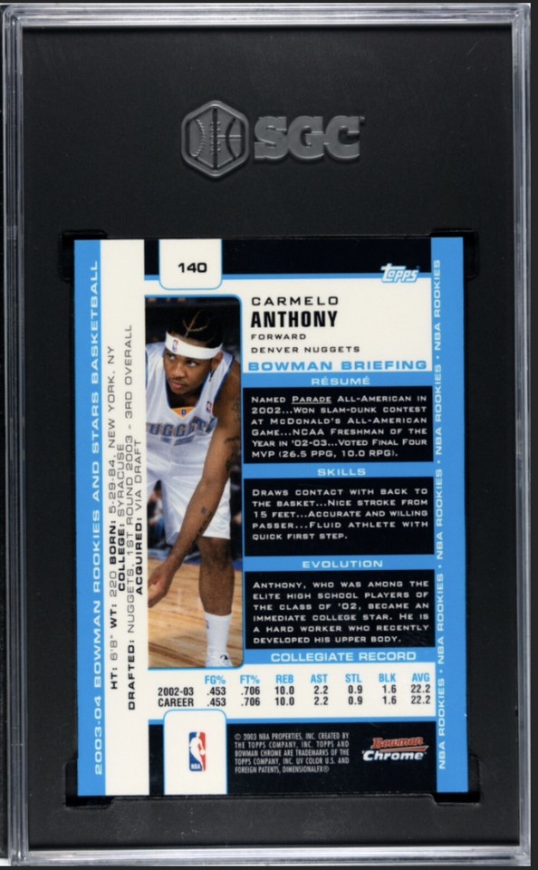 2003-04 Bowman Chrome CARMELO ANTHONY Rookie RC #140 SGC 9.5 Nuggets ...