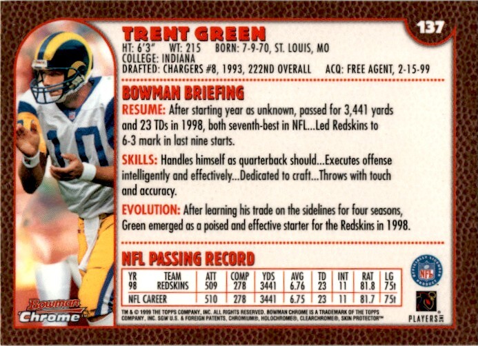 1999 Bowman Chrome Trent Green #137 St. Louis Rams | eBay