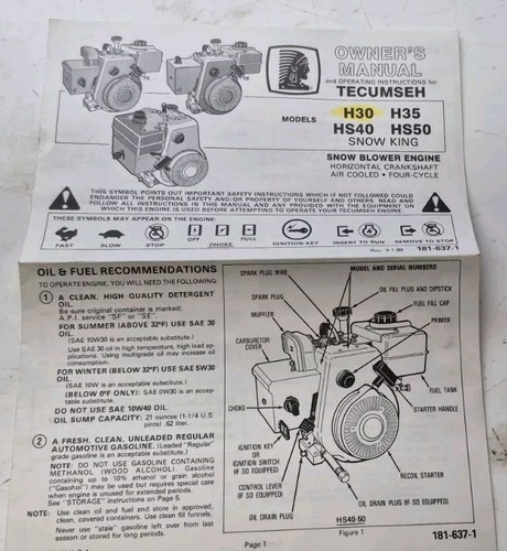 Tecumseh Engine Models H30 H35 Hs40 HS50 HXL35 Owners Operators Manual ...