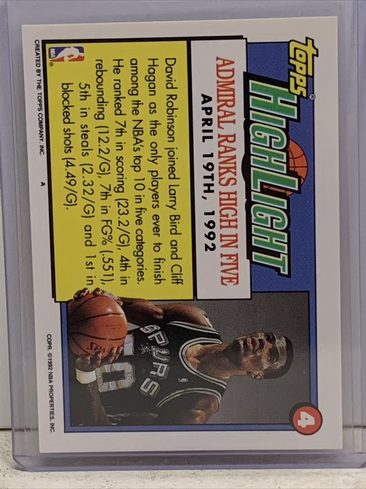 1992-93 TOPPS DAVID ROBINSON #4 HIGHLIGHT SAN ANTONIO SPURS THE ADMIRAL ...
