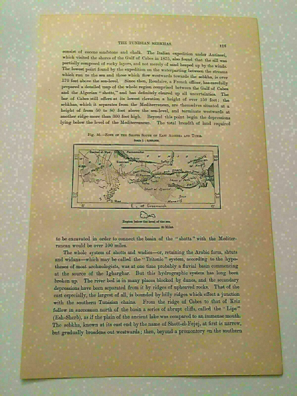 K117) Map of Zone of Shotts South of East Algeria and Tunisia 1887 ...