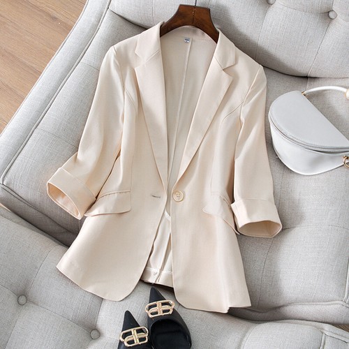 Women Formal Faux Linen Suit Blazer Jacket Office Lapel Slim-fit Coat ...
