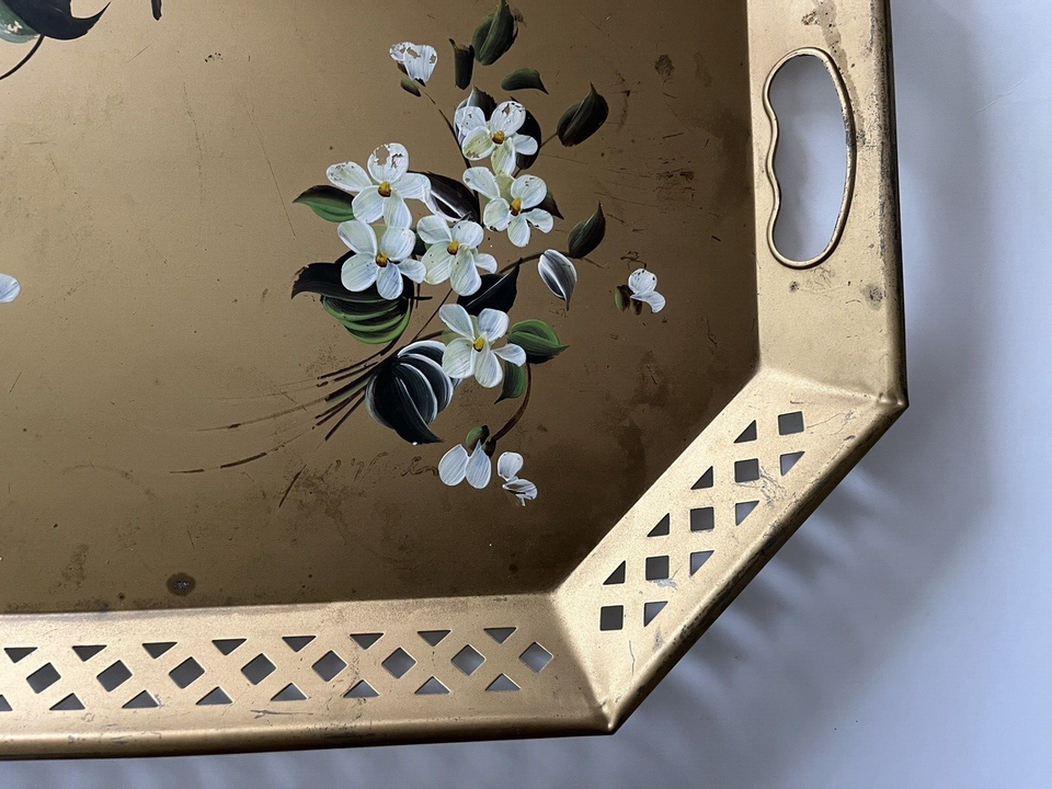 Large Tole Ware Serving Tray Metal Hand Painted Gold White Green ...