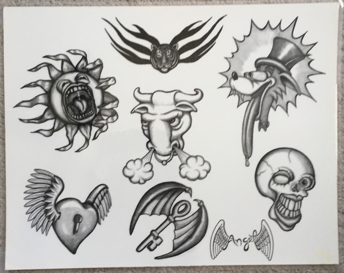 Tattoo Flash Single Sheet Print by Angel Flash Sun Bull Skull Heart 11 ...
