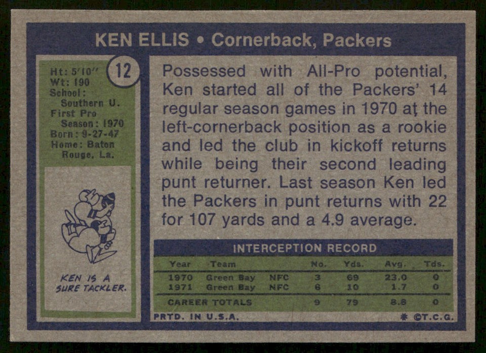 Ken Ellis 1972 Topps #12 Green Bay Packers VG-EX | eBay