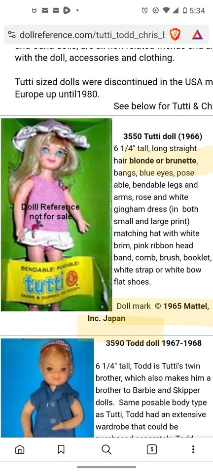 Vintage 1965 Original Tutti Doll-Brunette, 4 Outfits, See Pics, Read ...