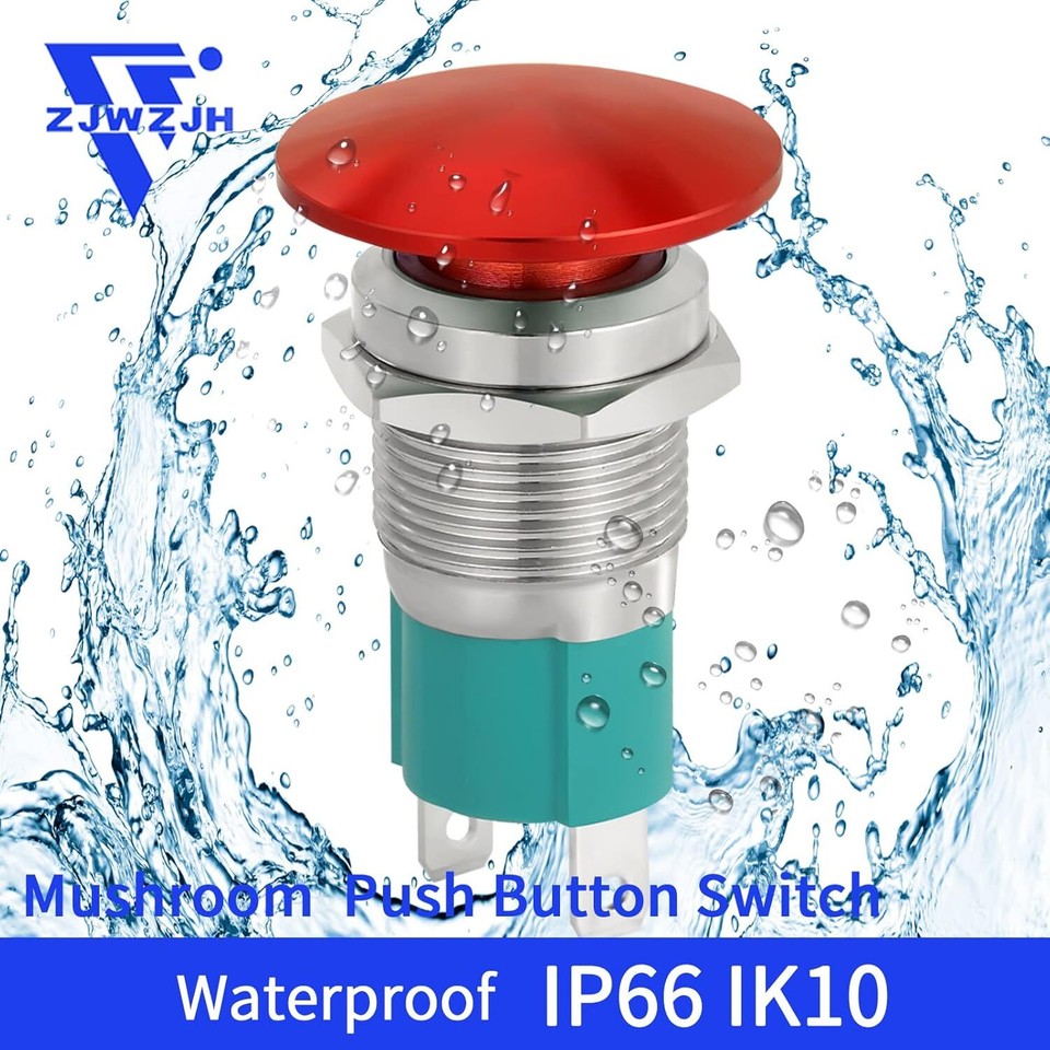 10 Amp Push Button Switch Red 22mm 7/8'' Momentary Mushroom Head ...
