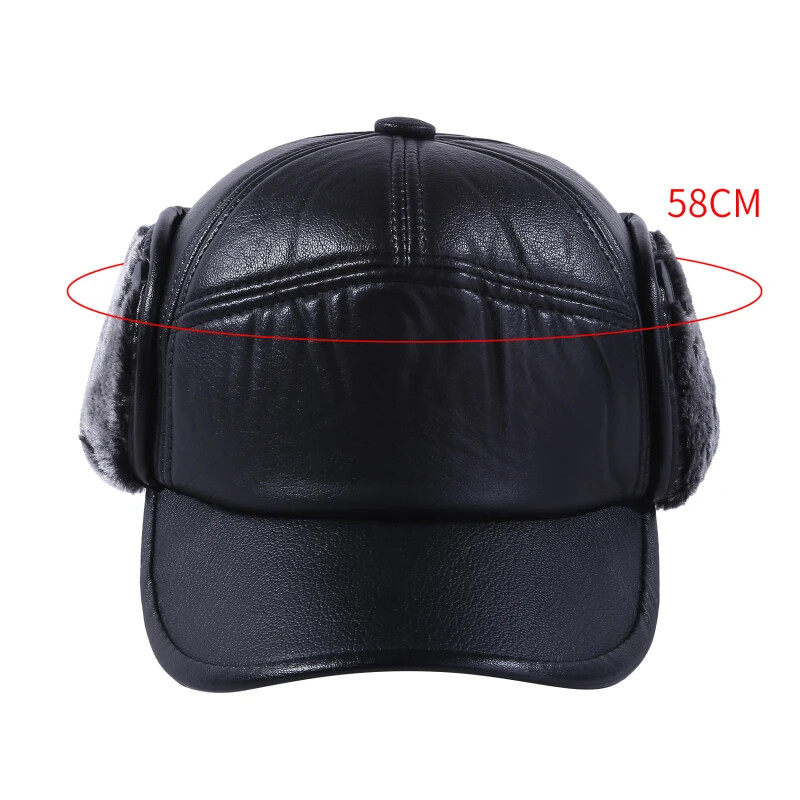 Men's Genuine Leather Baseball Caps Winter Hats With Ear Flaps Warm Cap ...