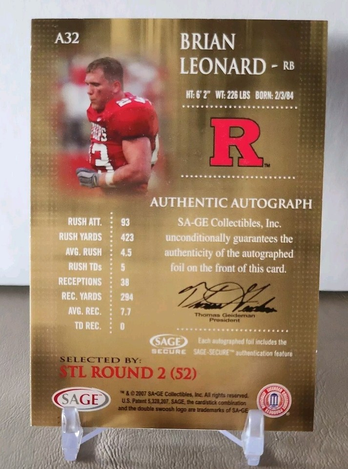 2007 Brian Leonard SAGE Football Bronze #A32 Rookie Auto RC Rutgers | eBay
